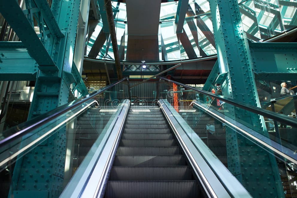 Escalator. View from Below. Blue Background Stock Photo - Image of ...