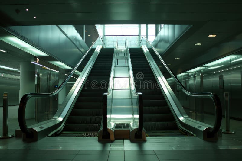 Escalators Going Up and a Central One Going Down in a Modern Building ...