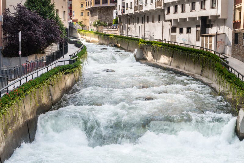 River Valira On Engordany Bridge And Houses View In A Snowfall Day In ...