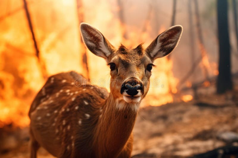 Escape from the Flames: Close-Up of a Deer Fleeing a Forest Fire Stock ...