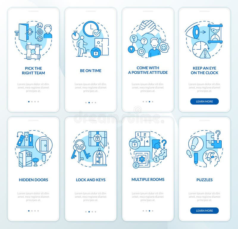 Escape Room Immersive Experience Blue Onboarding Mobile App Screen Set ...