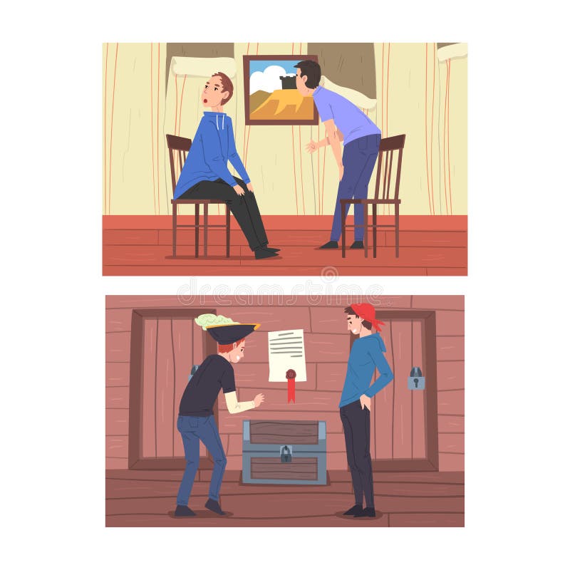 Escape Room Interior with People Character Discovering Clues and ...