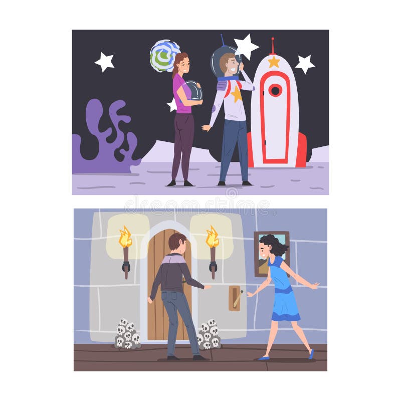 Escape Room Interior with People Character Discovering Clues and ...