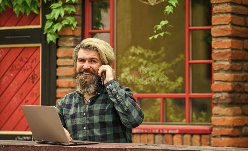Escaped of Office. Successful Entrepreneur. Happy Man Sitting in Cafe ...