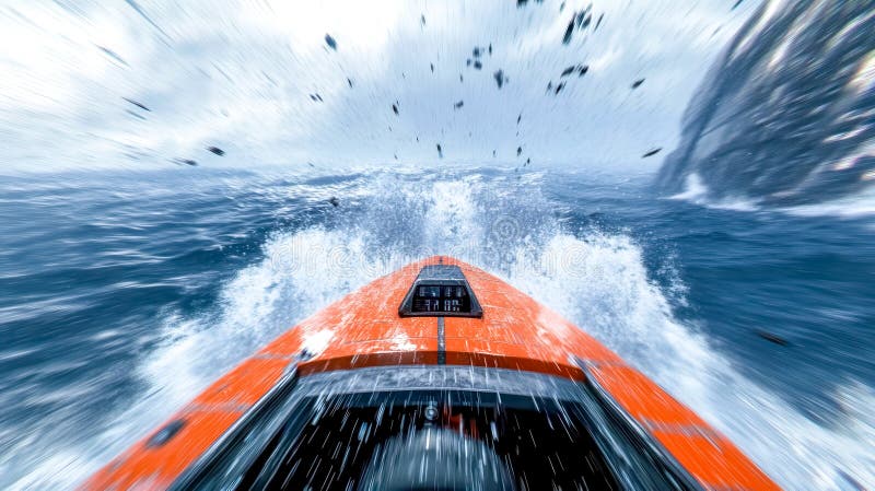 Escaping from Sinking Ship Using Lifeboat in Stormy Ocean Stock Photo ...
