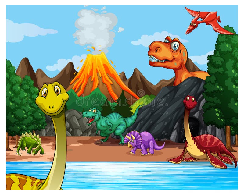 Escenario Forestal Prehistórico Con Varios Dinosaurios Ilustración del ...