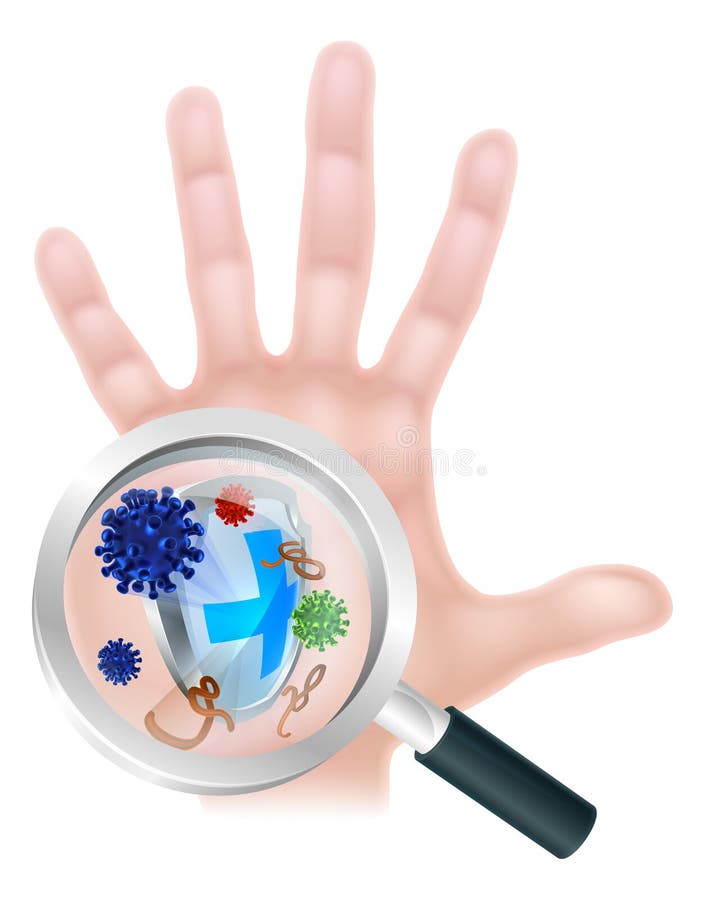 Escudo De Mano De La Lupa Del Virus De Las Bacterias Ilustración del ...