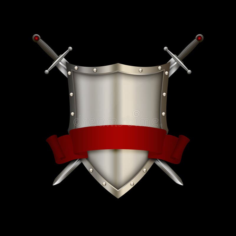Escudo Medieval Con Las Espadas Y La Cinta Roja Stock de ilustración ... Escudo Medieval Con Las Espadas Y La Cinta Roja Stock de ilustración ...