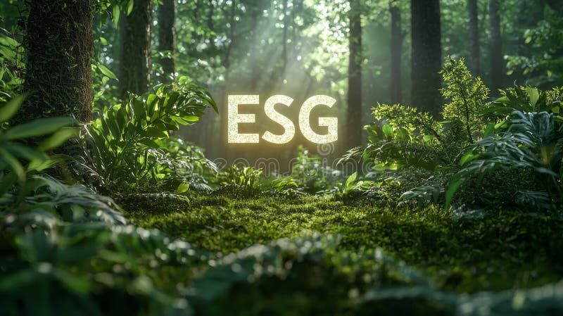 ESG Text Glowing in Lush Green Forest with Sunlight Streaming through ...