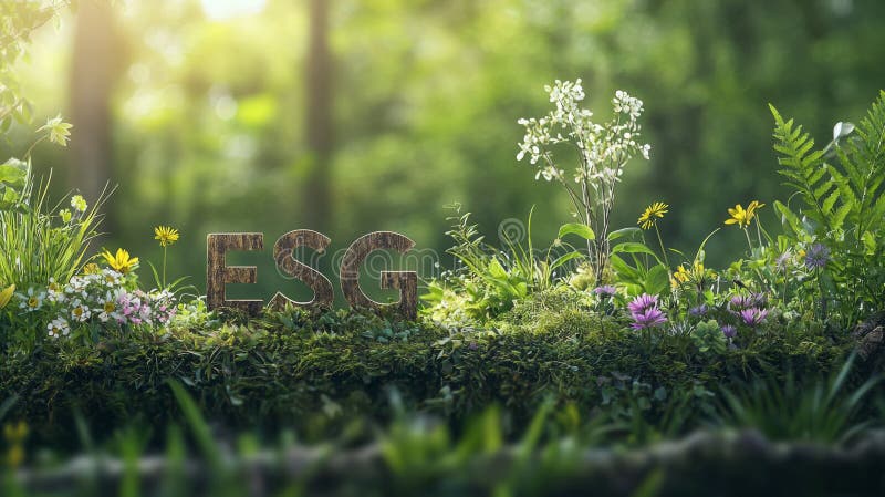 ESG Text Surrounded by Vibrant Greenery, Flowers, and Sunlight in ...