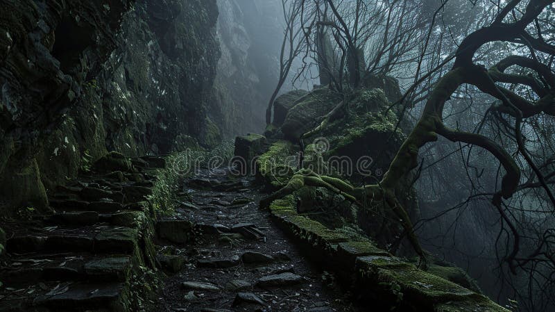 Esolate Cliffside Path through a Mysterious Forest at Night. Generative ...