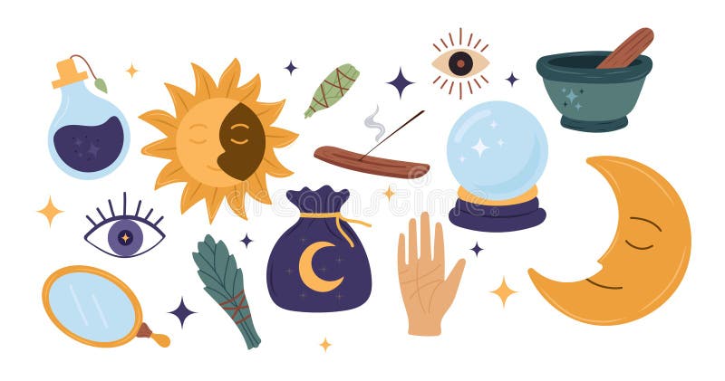 Esoteric Magic Set with Mystical Objects - Moon Face, Sun Symbol ...