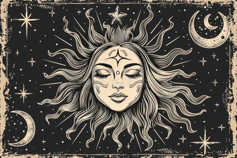 Esoteric Zodiac Poster Featuring Celestial Sun Face and Solar Eclipse ...