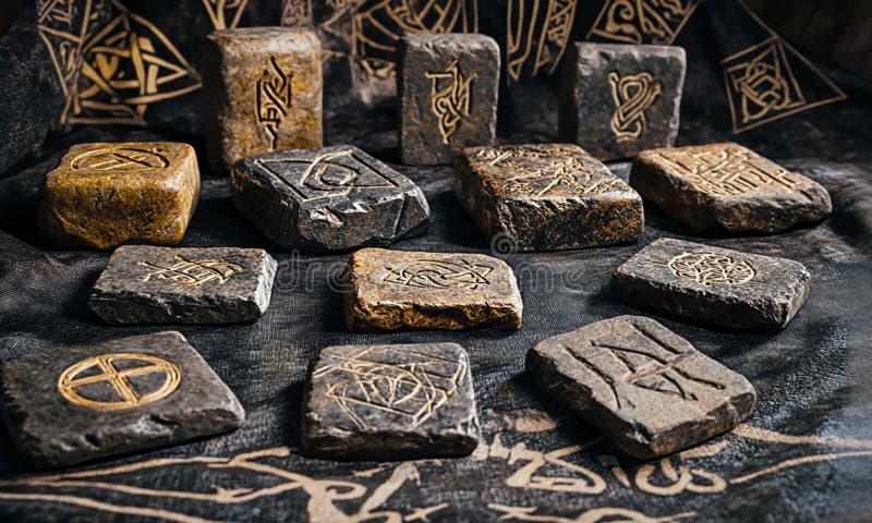 Esotericism a Collection of Small, Black, Round Runes with Gold ...