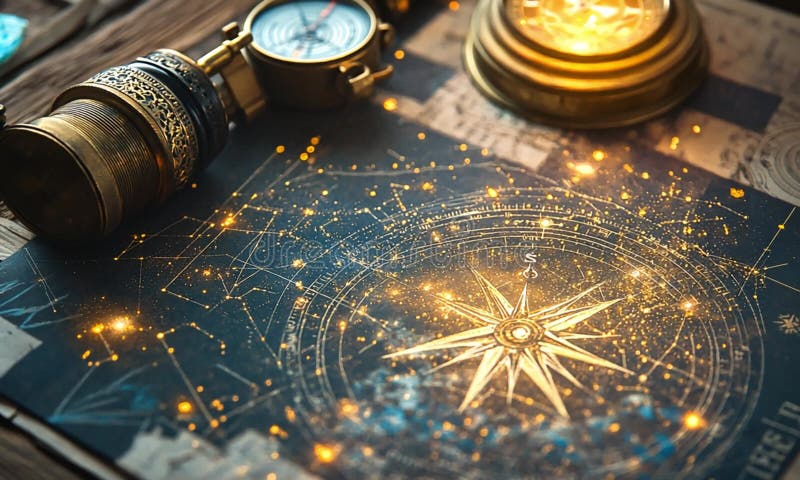 Esotericism a Map of the Night Sky with a Compass and a Watch on Top of ...
