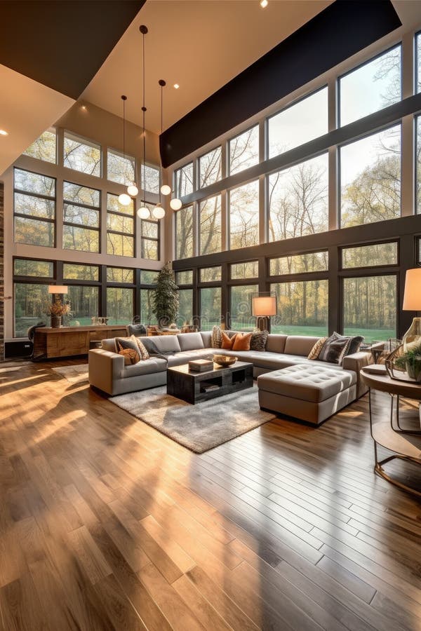 Espaciosa Sala De Estar Abierta Con Grandes Ventanales Stock de ...