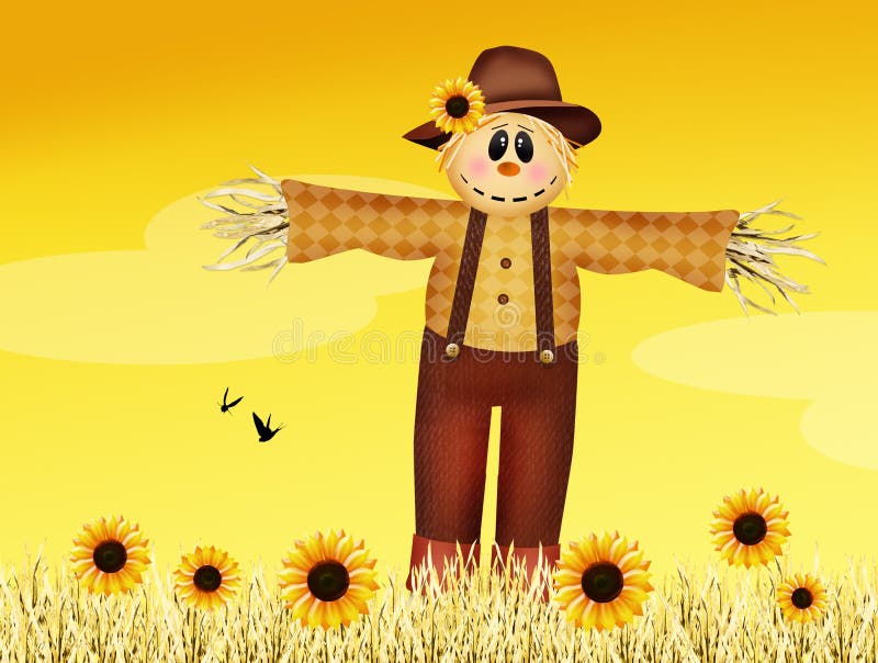 Espantapájaros en otoño stock de ilustración. Ilustración de girasoles ...