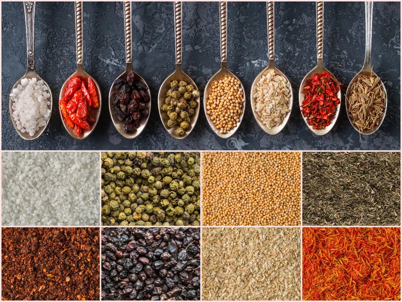Especia E Hierbas Fondo, Collage De Condimentos Imagen de archivo ...