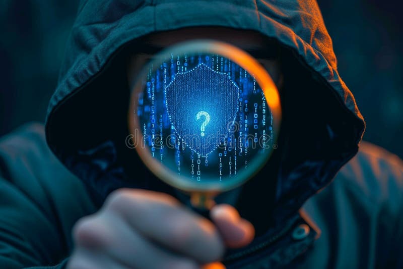 Espionage Alert Hacker with Magnifying Glass, Representing Information ...