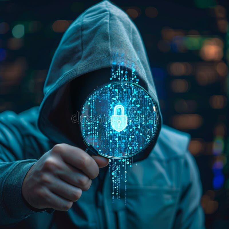 Espionage Alert Hacker with Magnifying Glass, Representing Information ...