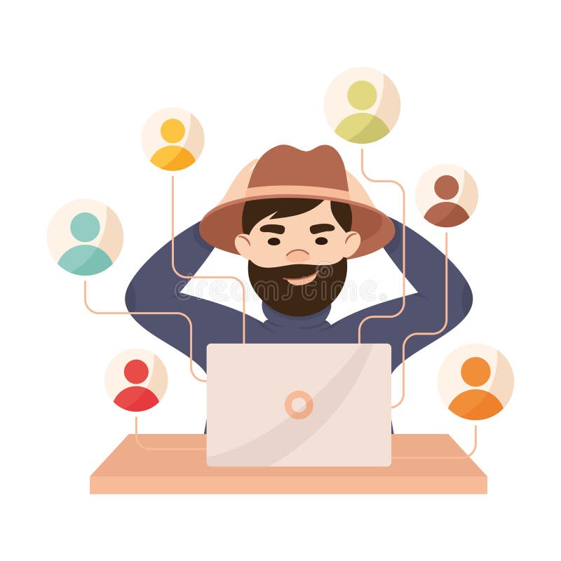 Espionage With Man Private Detective Working At Laptop Tracing Criminal Vector Illustration