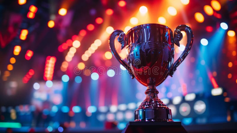 Esport Trophy is on the Stage in Front of a Glowing Stage Stock Image ...