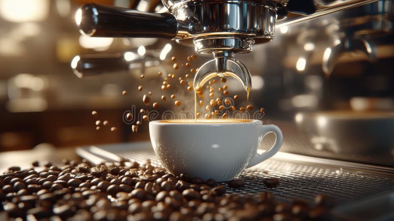 Espresso Being Brewed from a Professional Machine with Coffee Beans in ...