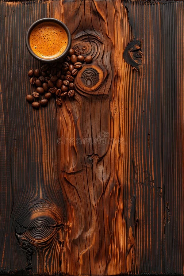 Espresso Coffee in Cup with Coffee Beans Roasted on Dark Texture Wood ...