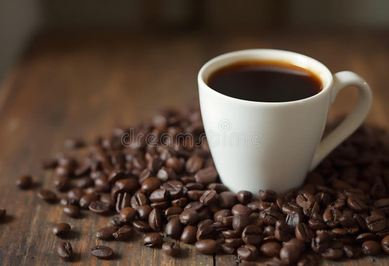 Espresso Coffee Cup with Coffee Beans on Rustic Table Stock ...