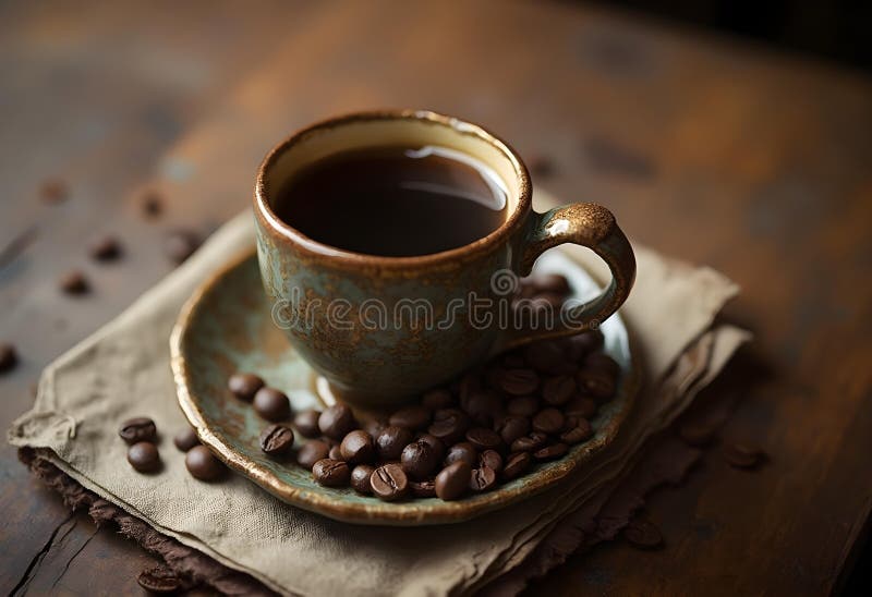 Espresso Coffee Cup with Coffee Beans on Rustic Table Stock ...