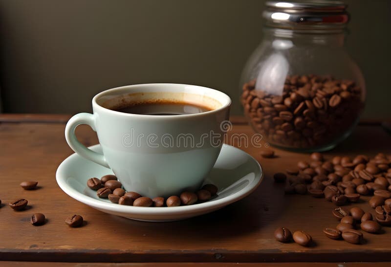 Espresso Coffee Cup with Coffee Beans on Rustic Table Stock ...