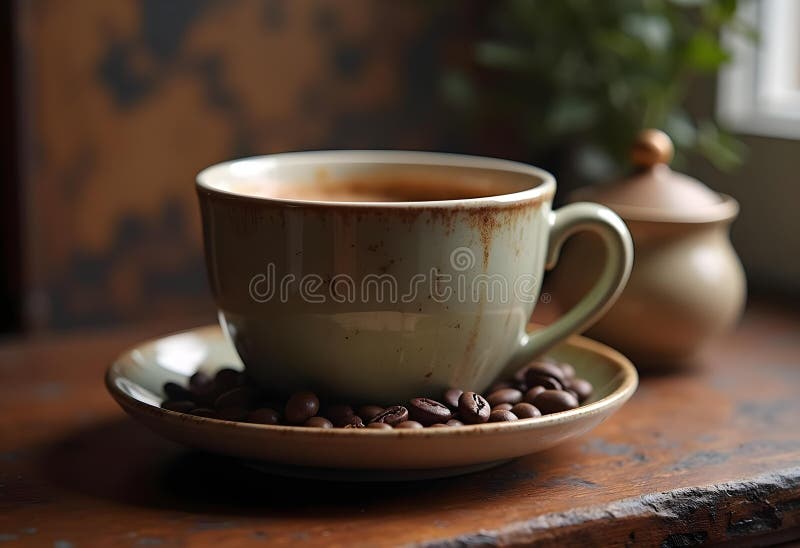 Espresso Coffee Cup with Coffee Beans on Rustic Table Stock ...