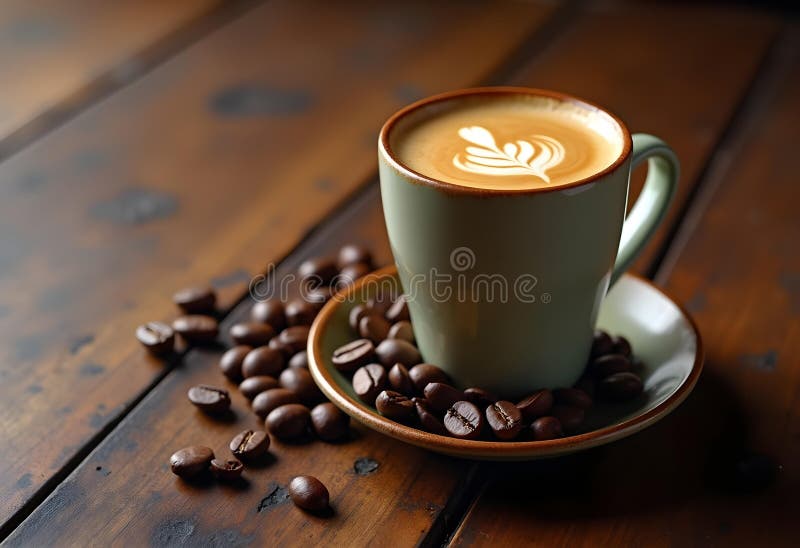 Espresso Coffee Cup with Coffee Beans on Rustic Table Stock ...