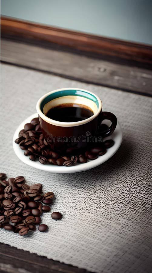Espresso Coffee Cup with Beans on Vintage Table Illustration Artificial ...