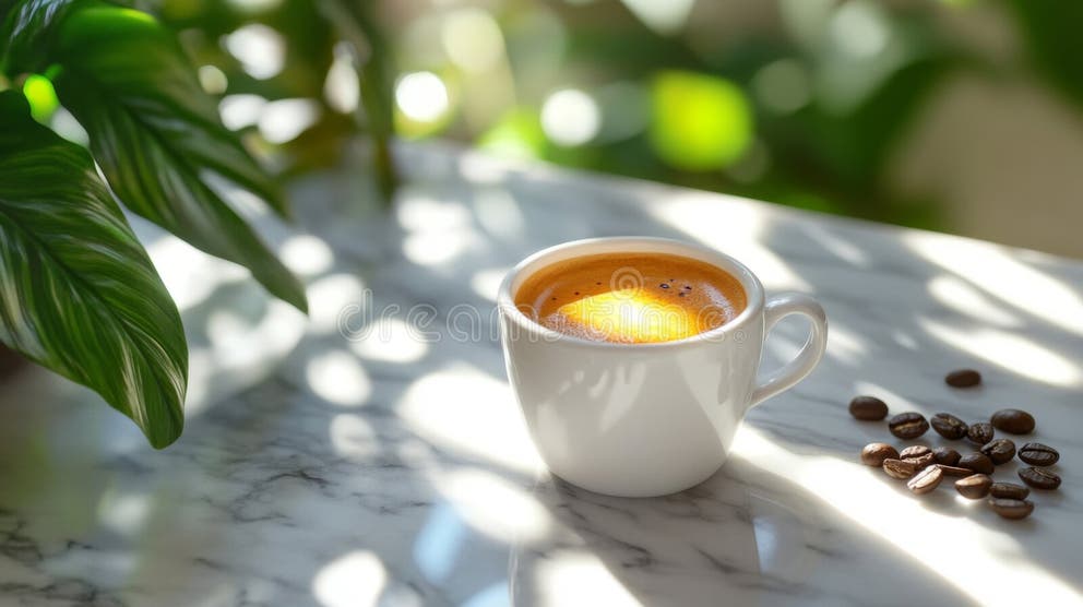 Espresso Coffee Cup Sunlight Marble Table Plants Stock Illustration ...