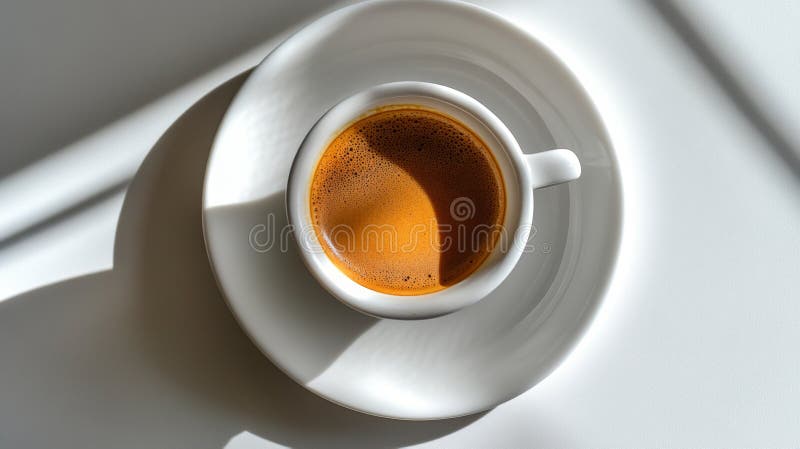 Espresso Coffee Cup on a White Plate in Sunlight with Flat Lay ...
