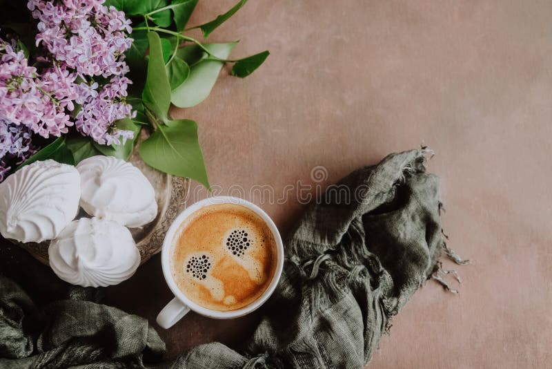 Espresso Coffee Cup, Zephyr and Spring Flowers. Romantic Breakfast ...