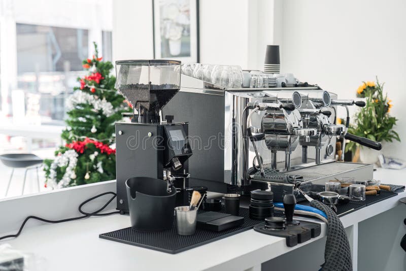 Espresso Coffee Machine and Making Equipment in Coffee Shop Stock Photo ...