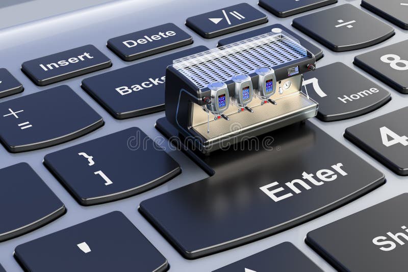 Espresso Coffee Machine Professional on Laptop Keyboard. 3D Rendering ...