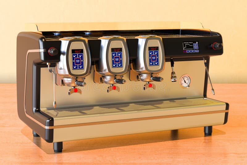 Espresso Coffee Machine Professional on the Wooden Table, 3D Rendering ...