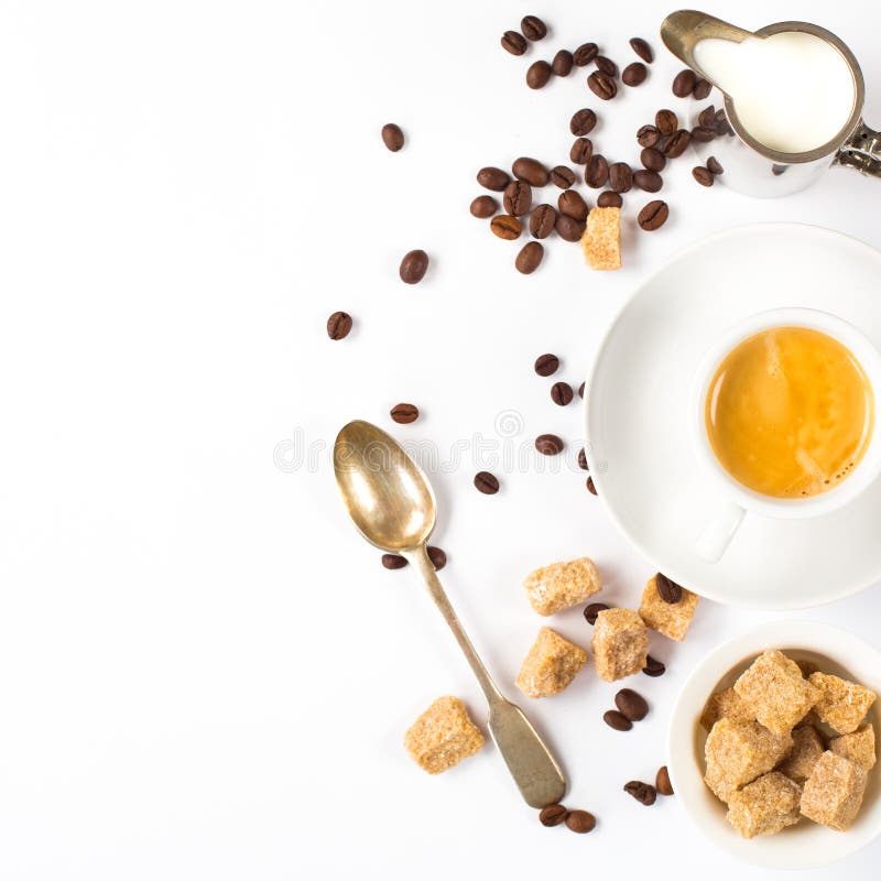 Espresso Coffee, Milk and Sugar on White Background Stock Image - Image ...