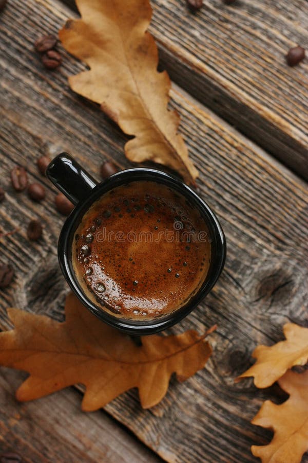 Espresso Coffee and Oak Leaves on the Table Stock Photo - Image of ...