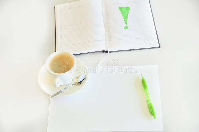 Espresso Coffee, Sheet of Paper and Green Pen on a Desk Stock Photo ...