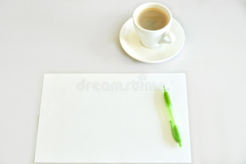 Espresso Coffee, Sheet of Paper, Pink Pen and Pen Case on a Desk Stock ...