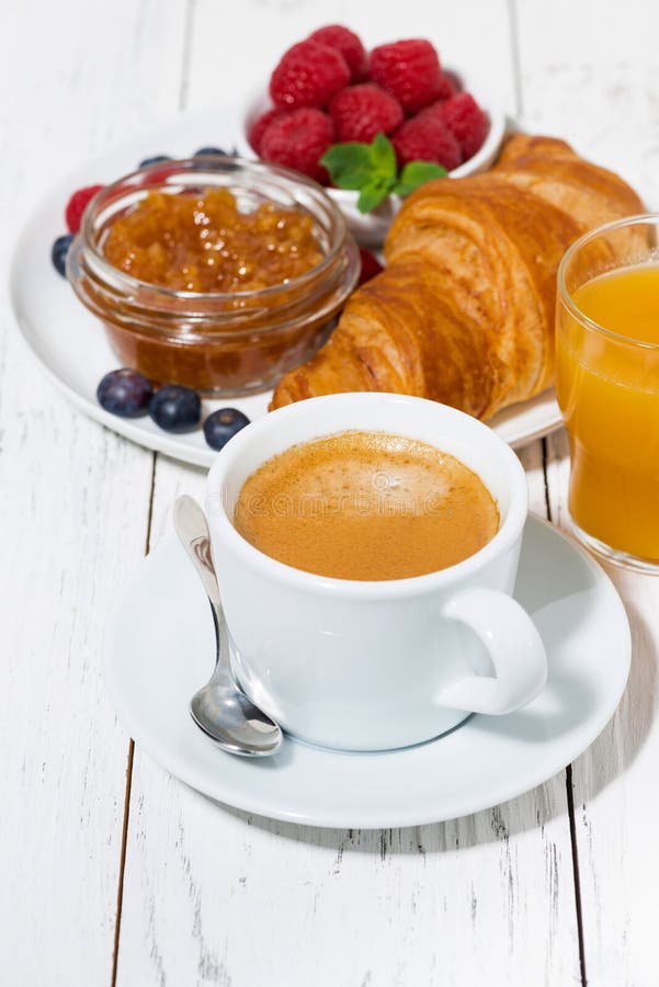 Espresso and Croissants for Breakfast, Vertical Stock Photo - Image of ...