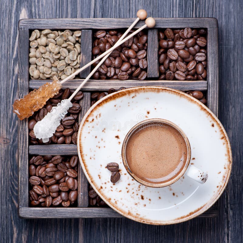 Espresso Cup and Vintage Box with Coffee Beans Stock Photo - Image of ...