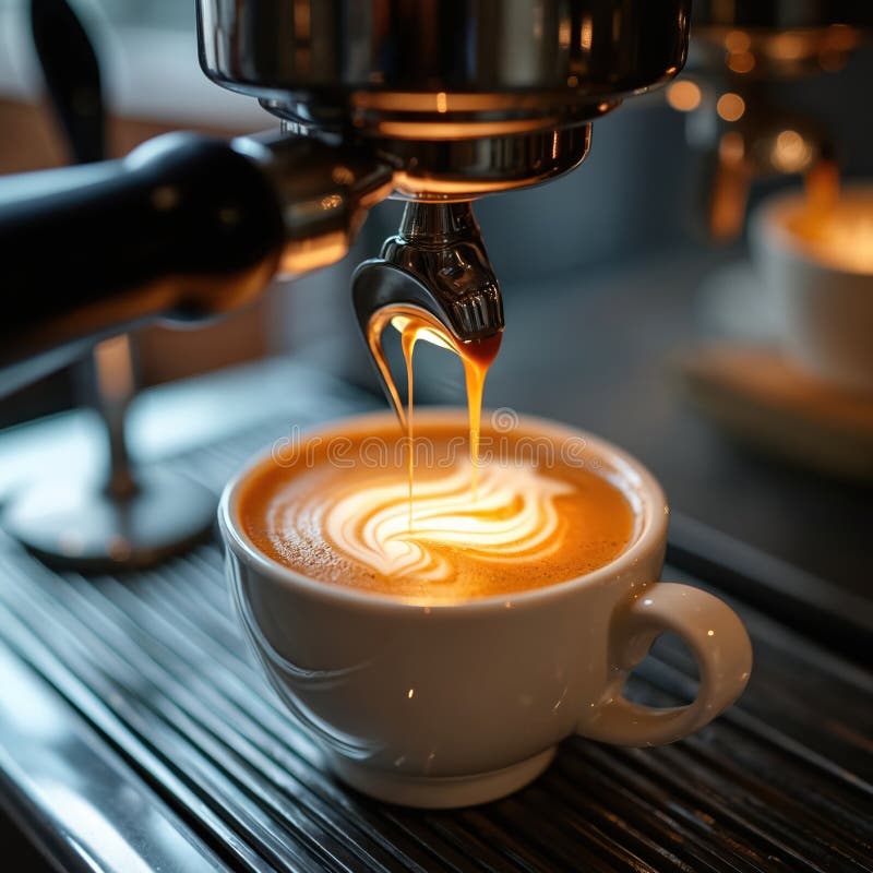 Espresso Extraction Pouring Hot Aromatic Coffee into White Ceramic Cup ...