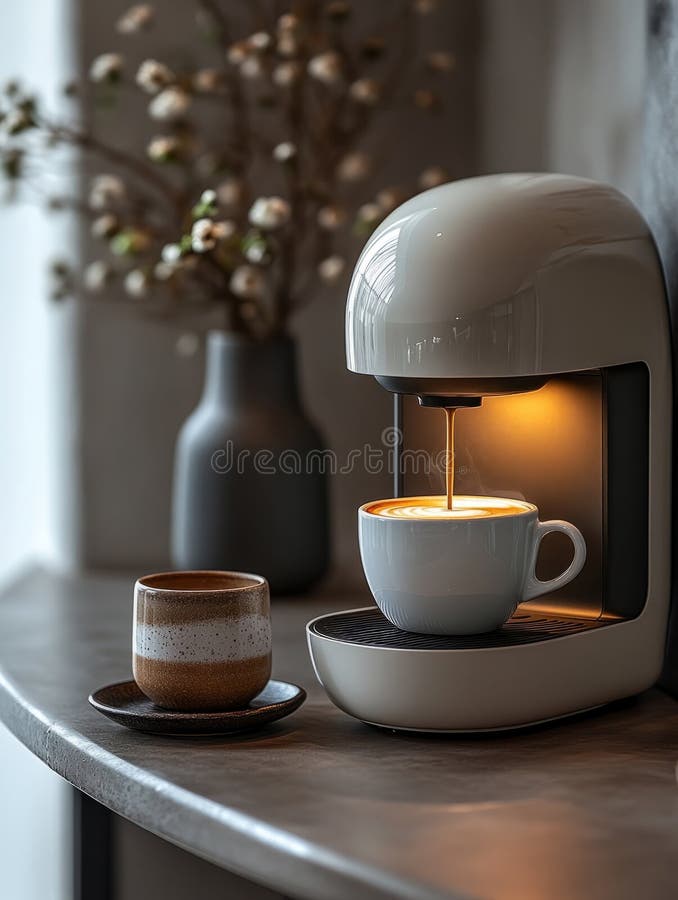 Espresso Machine Brewing Cappuccino on a Cozy Kitchen Countertop. Stock ...