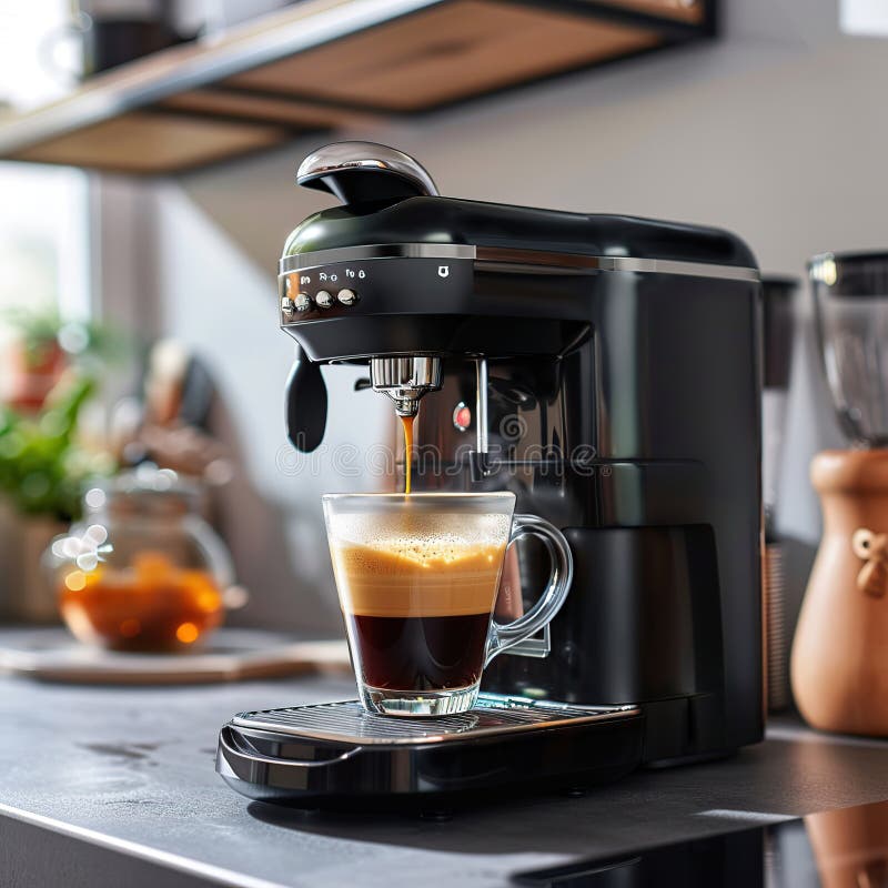 Espresso Machine Brewing Coffee in a Glass Cup on Kitchen Counter Stock ...