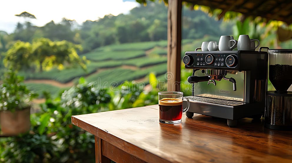 Espresso Machine, Coffee Cup, Tea Plantation View Stock Illustration ...